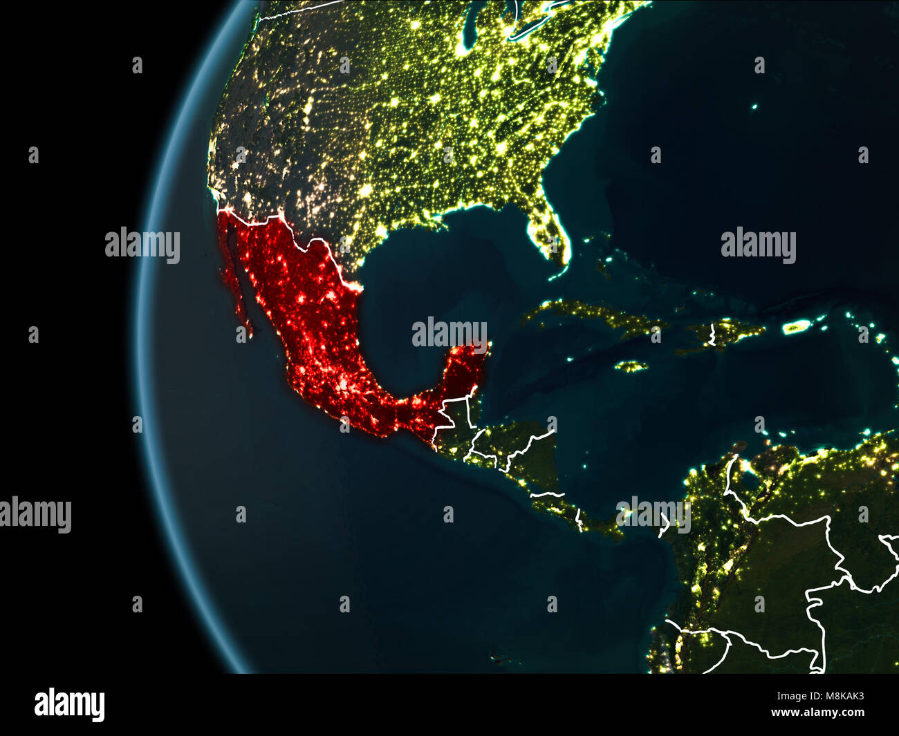Orbit view of Mexico highlighted in red with visible borderlines and city lights on planet Earth ...