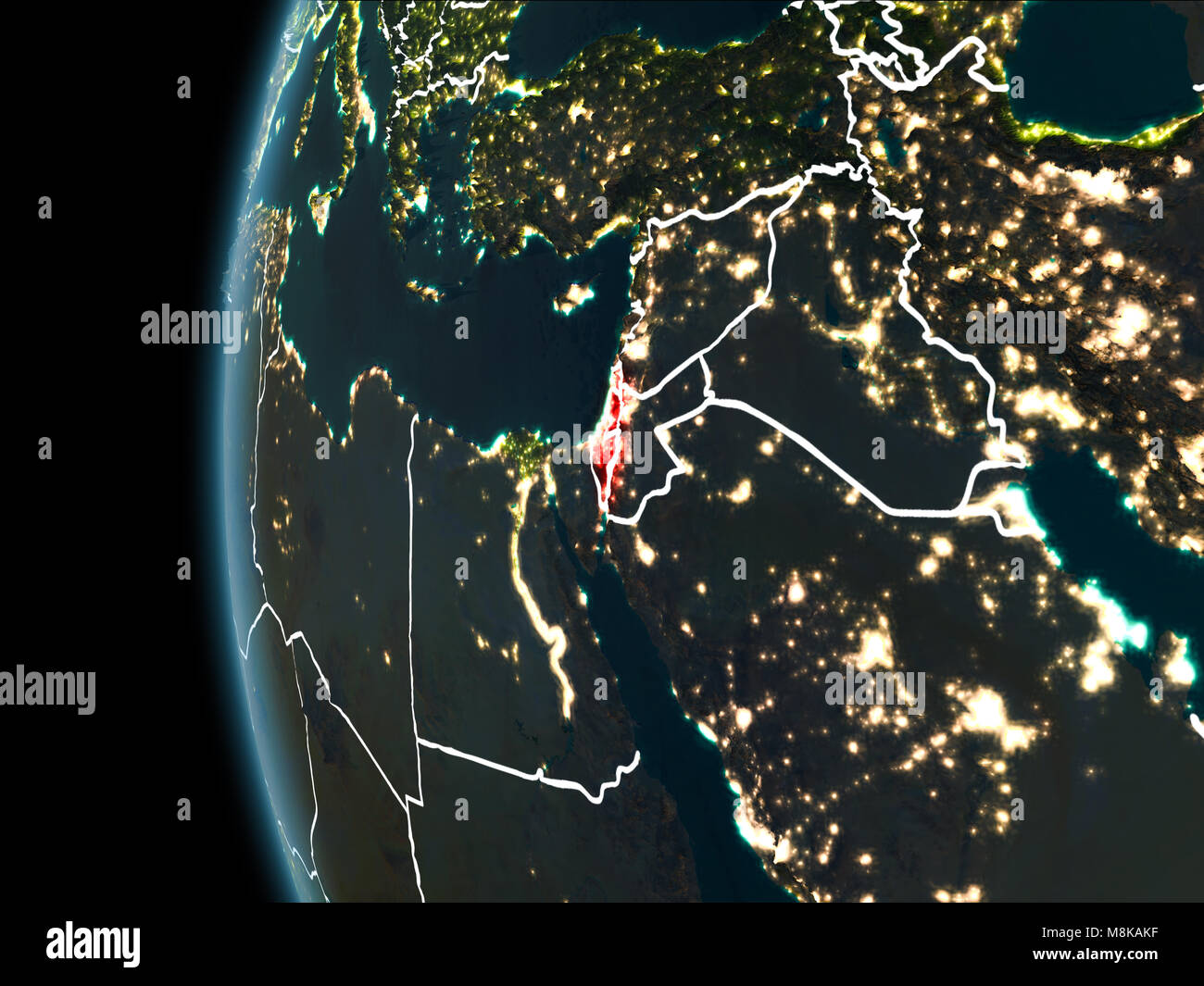 Orbit view of Israel highlighted in red with visible borderlines and city lights on planet Earth ...
