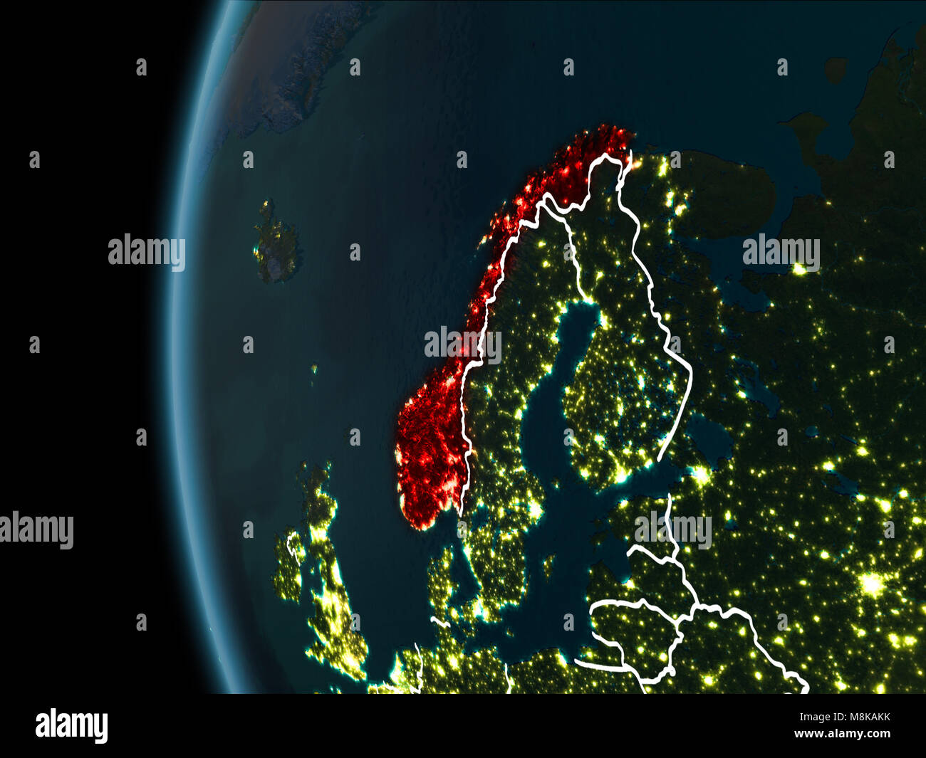 Orbit view of Norway highlighted in red with visible borderlines and city lights on planet Earth ...