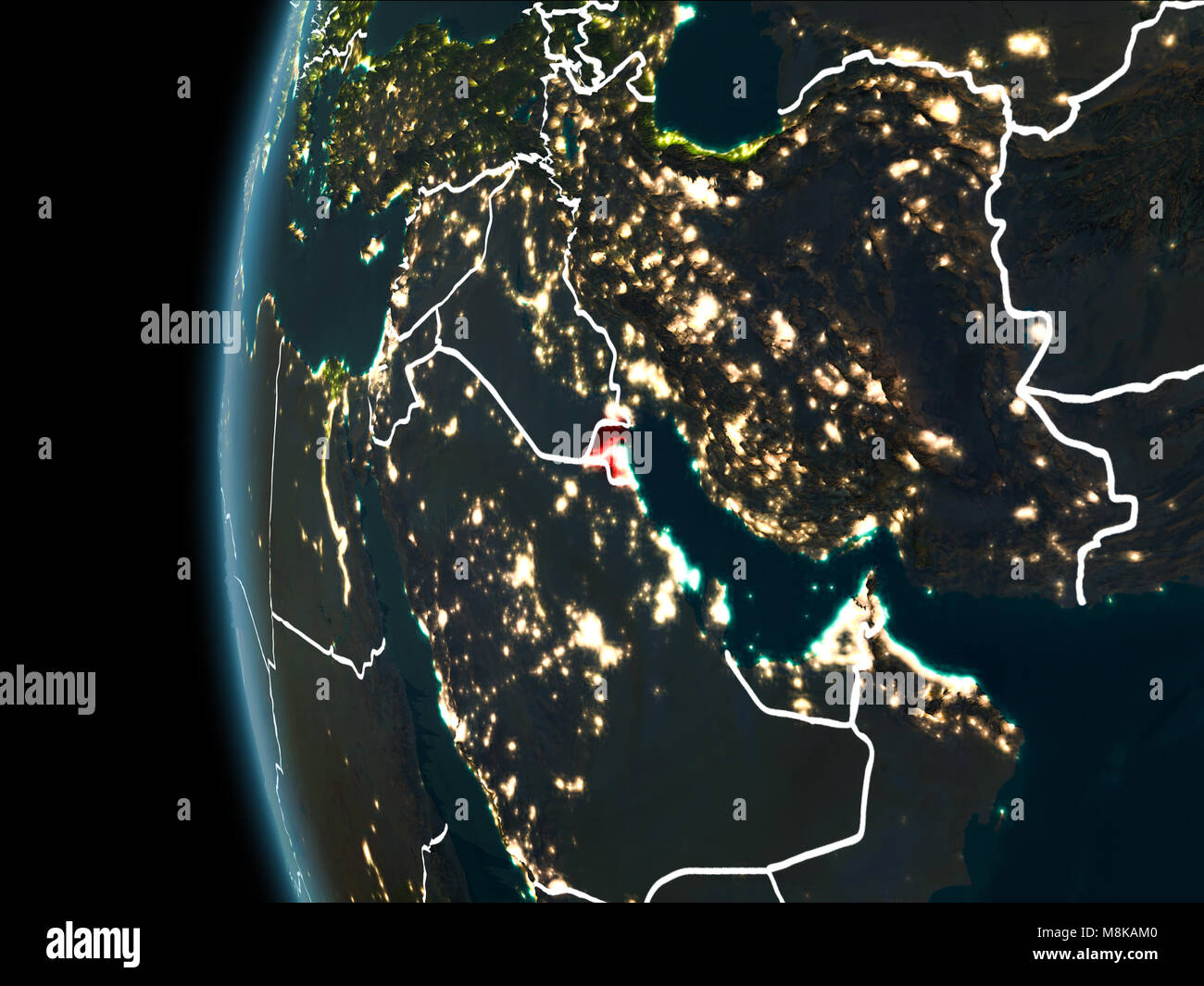 Orbit view of Kuwait highlighted in red with visible borderlines and ...