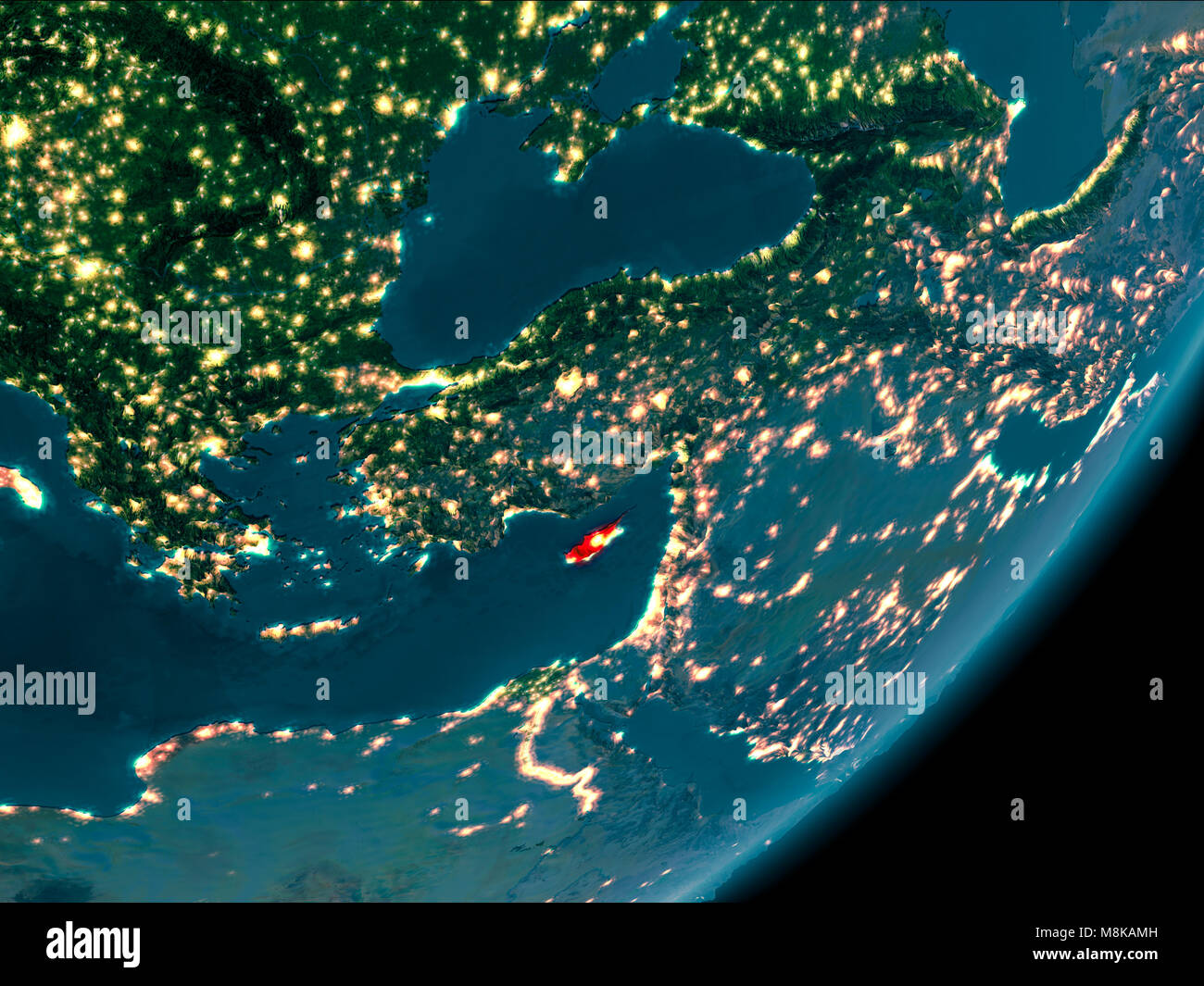 Night view of Cyprus highlighted in red on planet Earth with atmosphere ...