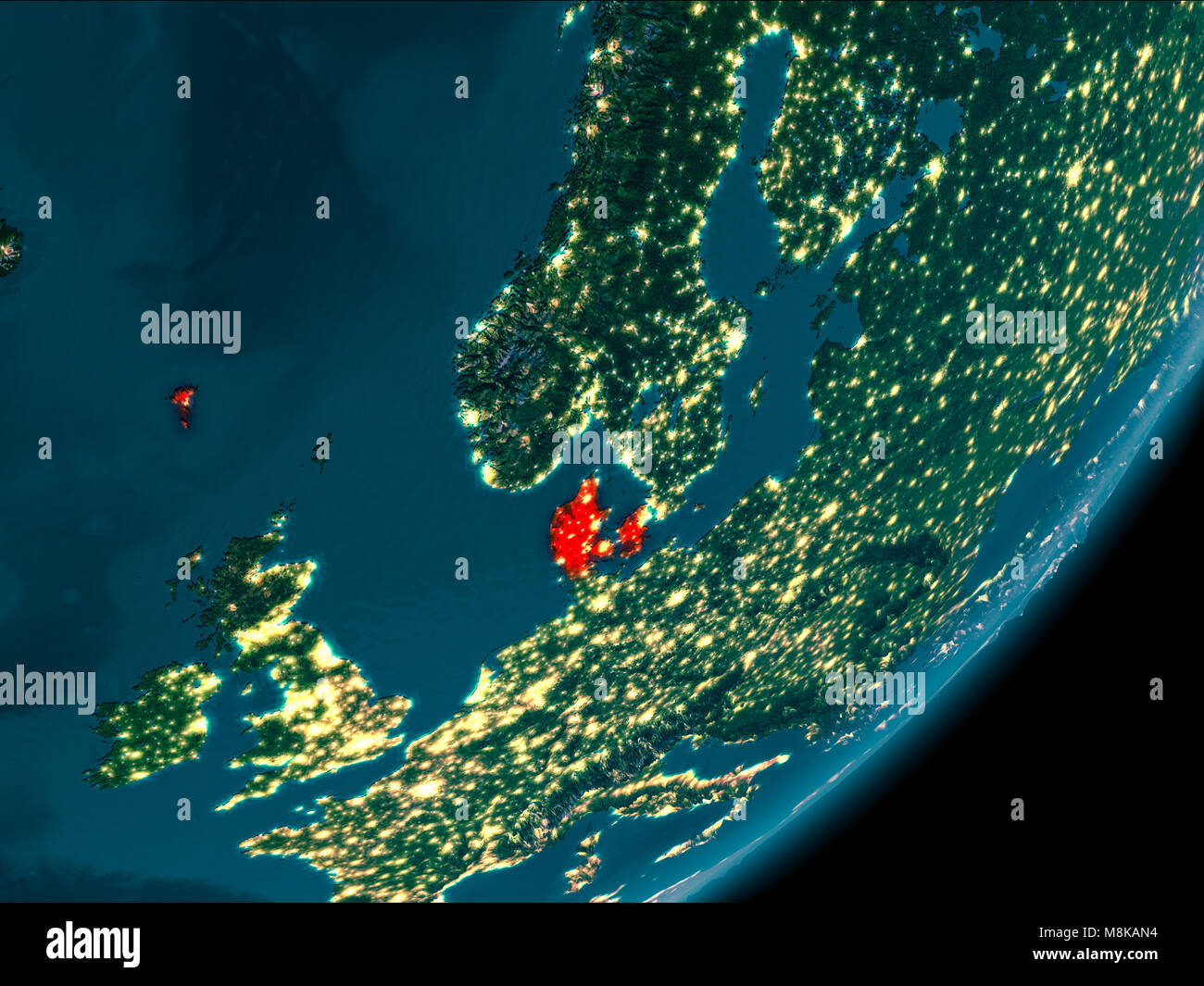 Night view of Denmark highlighted in red on planet Earth with atmosphere. 3D illustration ...