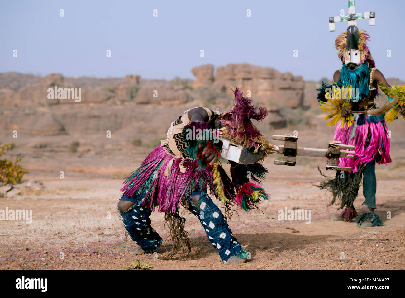 A Dogon man twists and turns while wearing a large mask and headdress ...