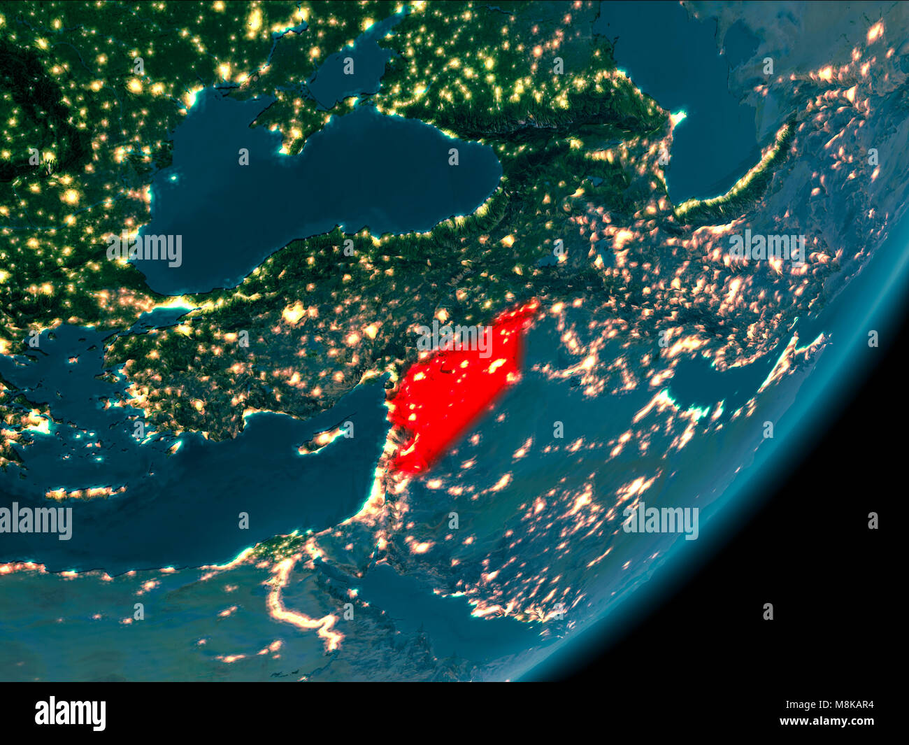 Night view of Syria highlighted in red on planet Earth with atmosphere ...