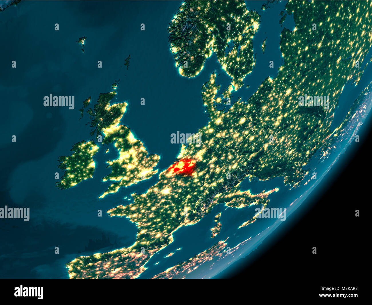 Night view of Belgium highlighted in red on planet Earth with atmosphere. 3D illustration ...