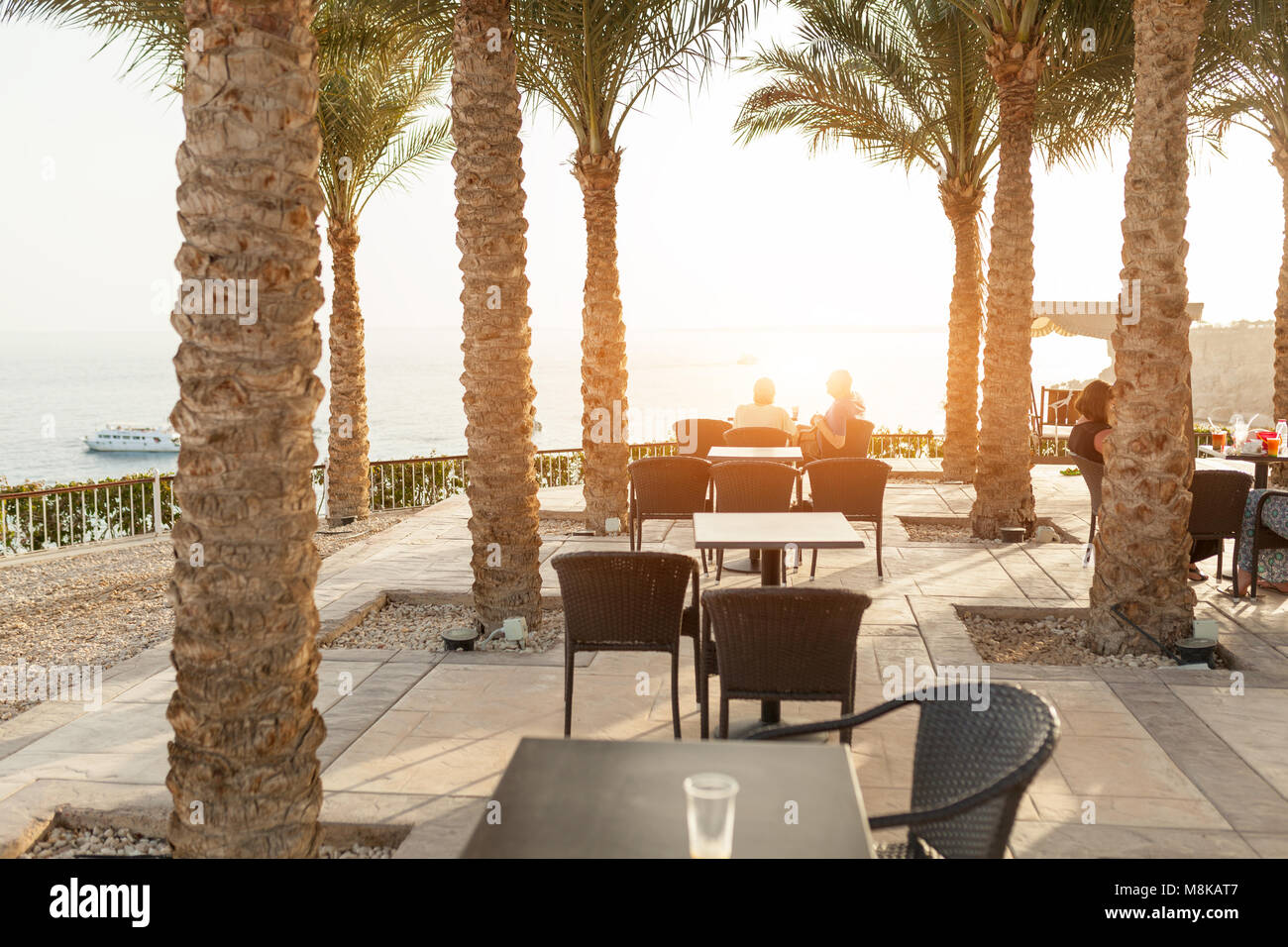 Outdoor luxury cafe restaurant in the tropical country with palm tree ...