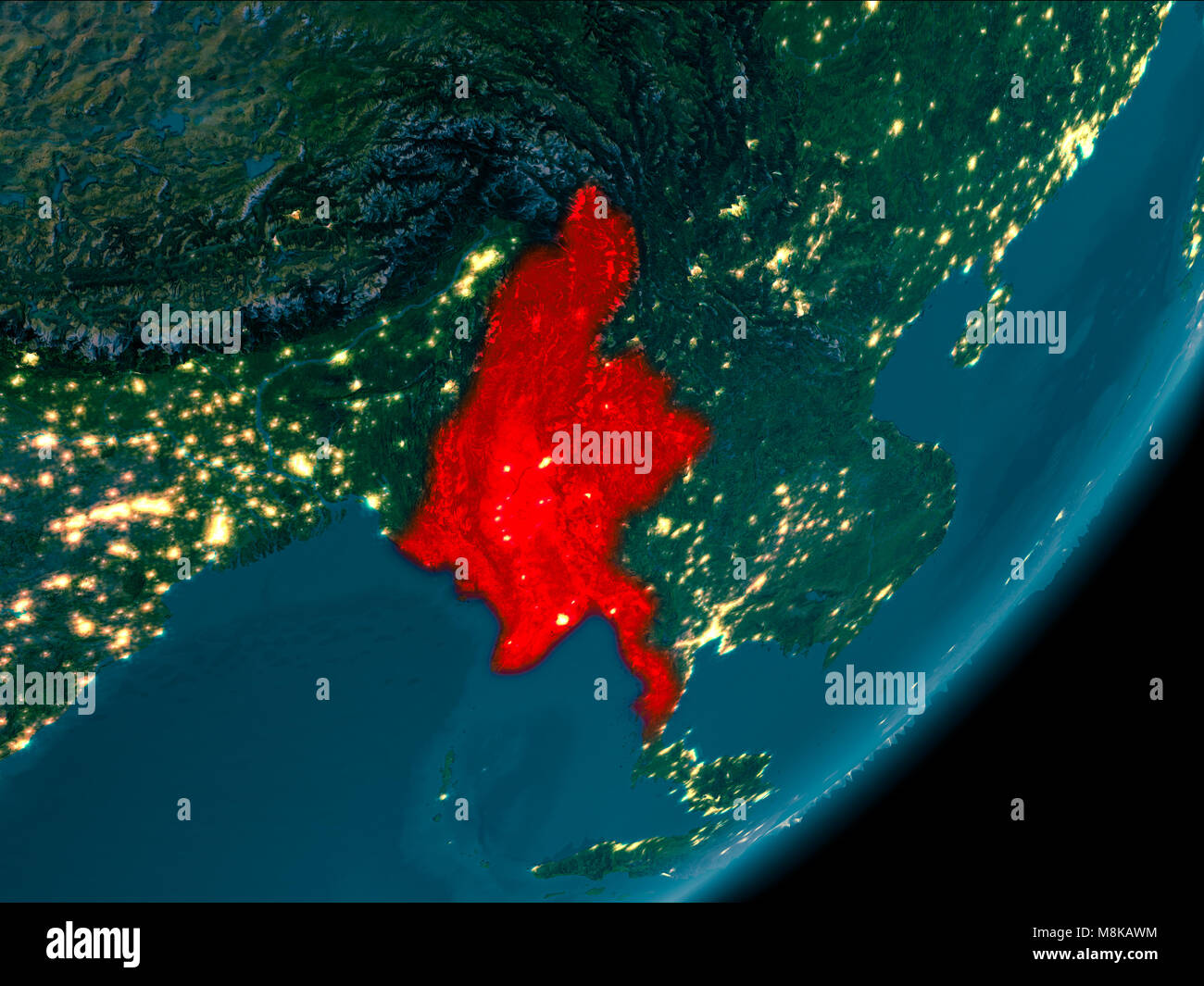 Night view of Myanmar highlighted in red on planet Earth with ...