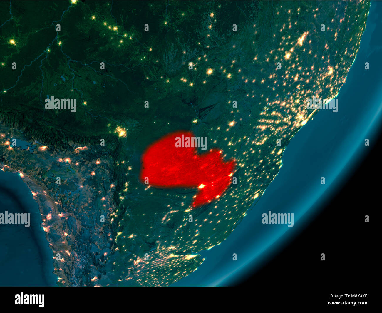 Night view of Paraguay highlighted in red on planet Earth with atmosphere. 3D illustration ...