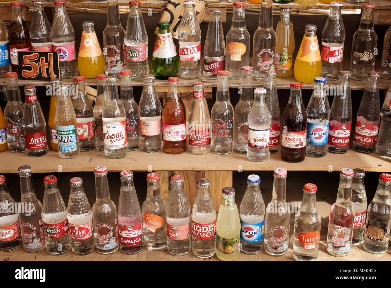 View of many vintage/retro soda bottles on shelves in Cunda (Alibey ...