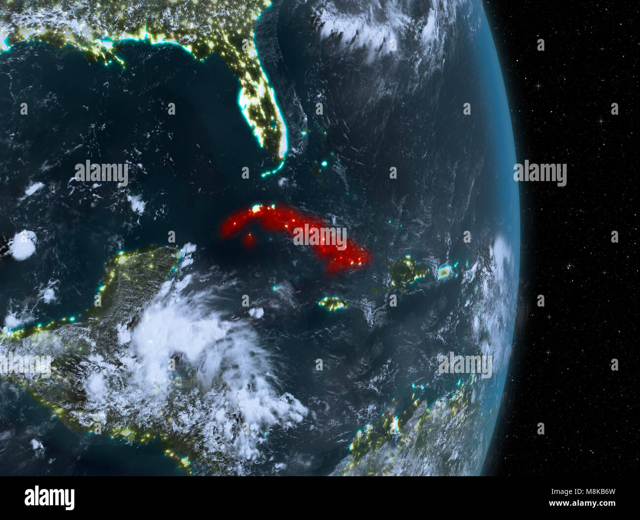Cuba from orbit of planet Earth with clouds at night with highly ...