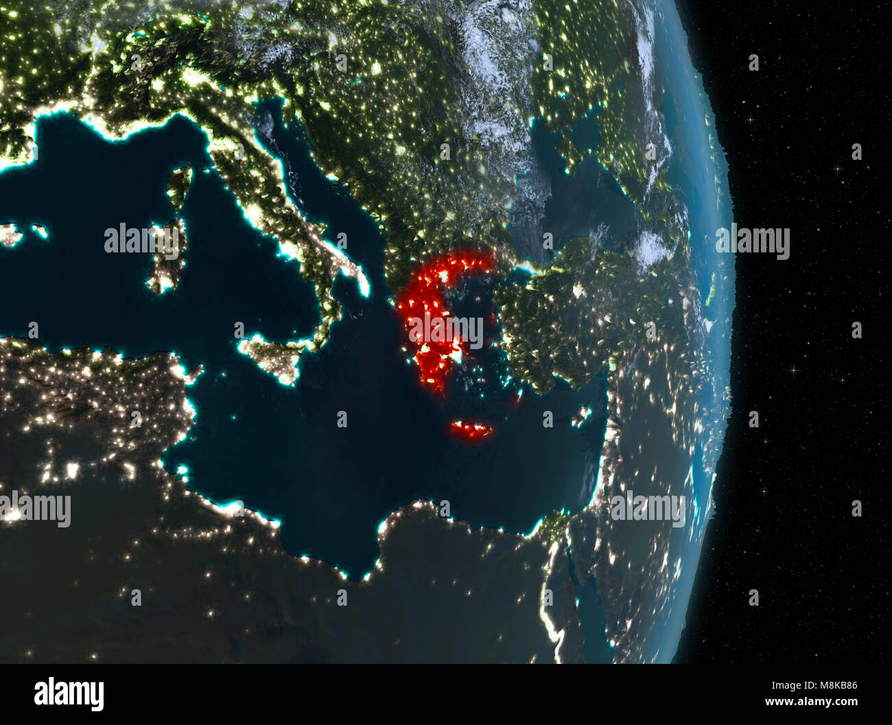 Greece from orbit of planet Earth with clouds at night with highly ...