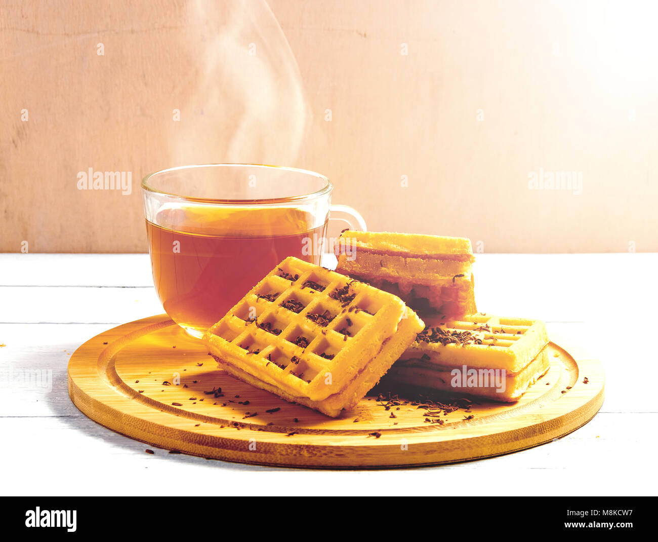 Homemade Waffles with Jam on Old Wooden Table. Wafers with Cup of Tea ...