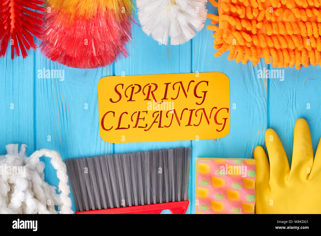 Composition of colorful house cleaning products Stock Photo - Alamy