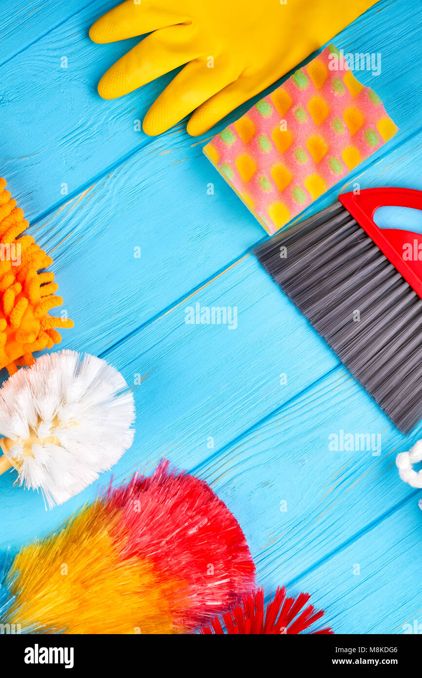 Set of house cleaning items, top view Stock Photo - Alamy