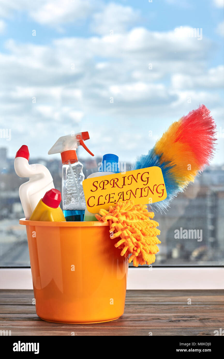Bucket with cleaning and washing items Stock Photo - Alamy