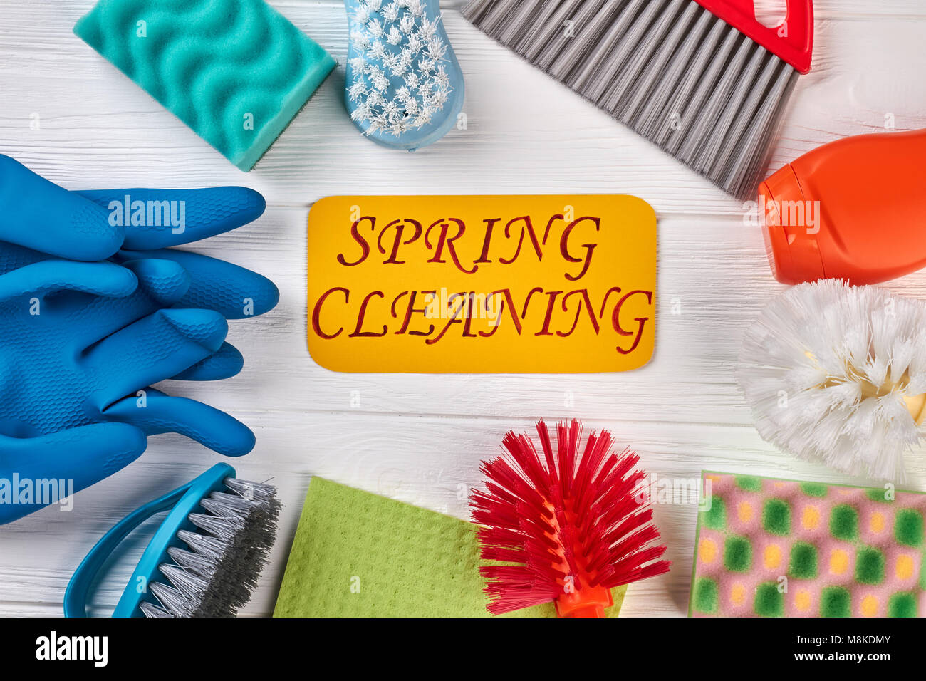 Spring cleaning background with supplies Stock Photo - Alamy