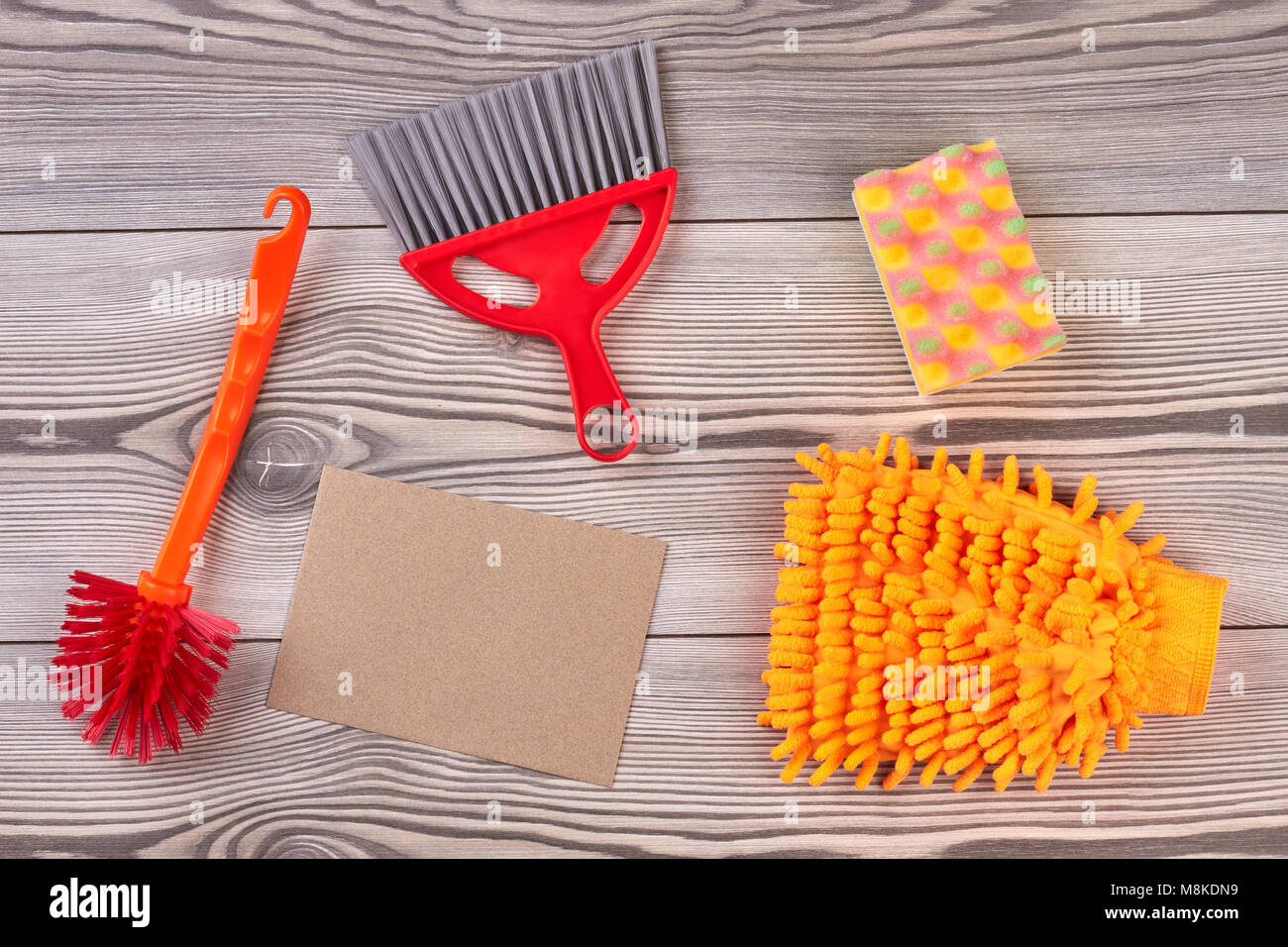 House cleaning items on wooden background Stock Photo - Alamy
