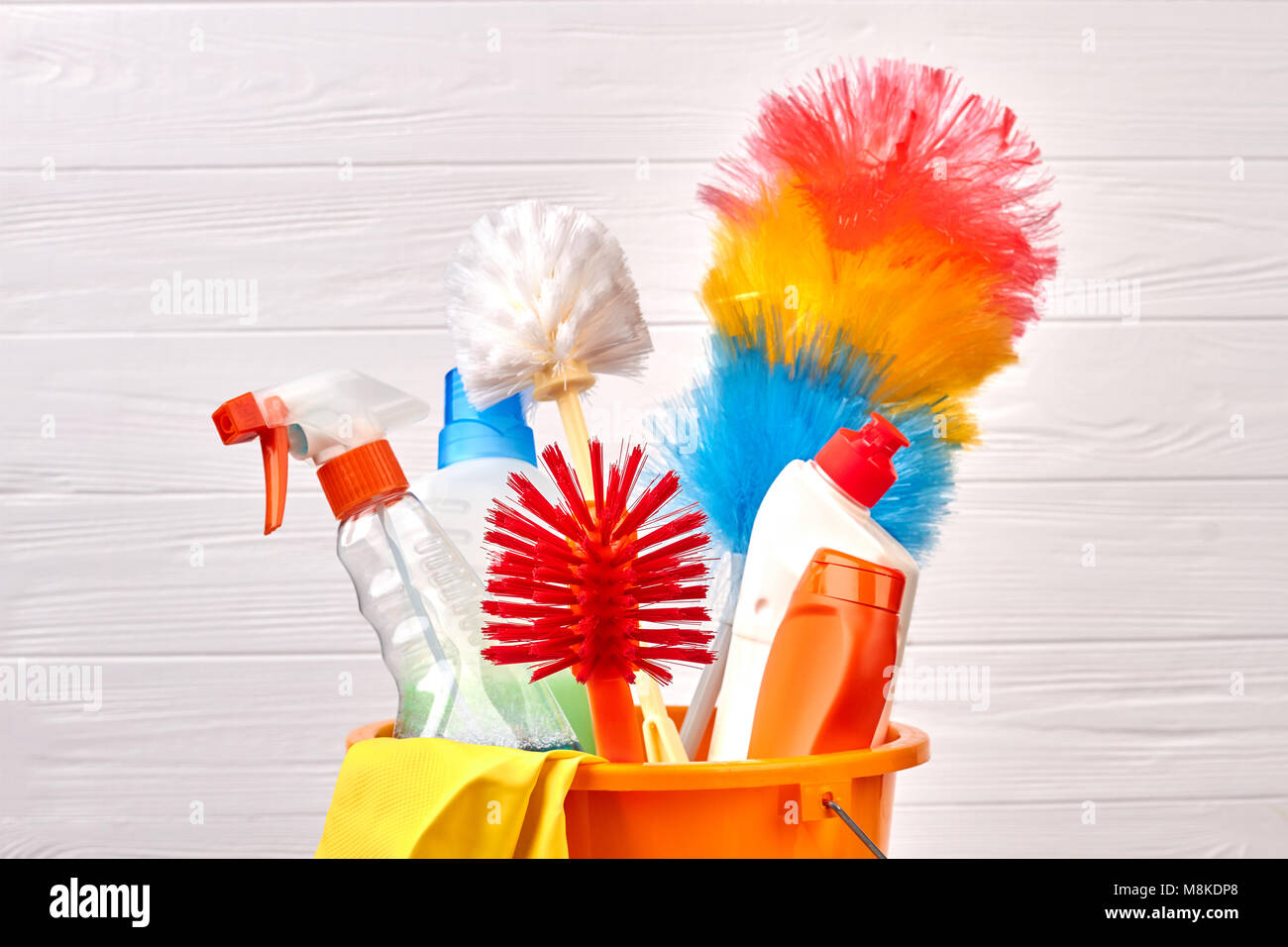 Close up colorful brushes for house cleaning Stock Photo - Alamy