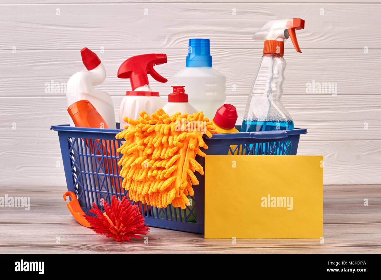House cleaning products in basket Stock Photo - Alamy