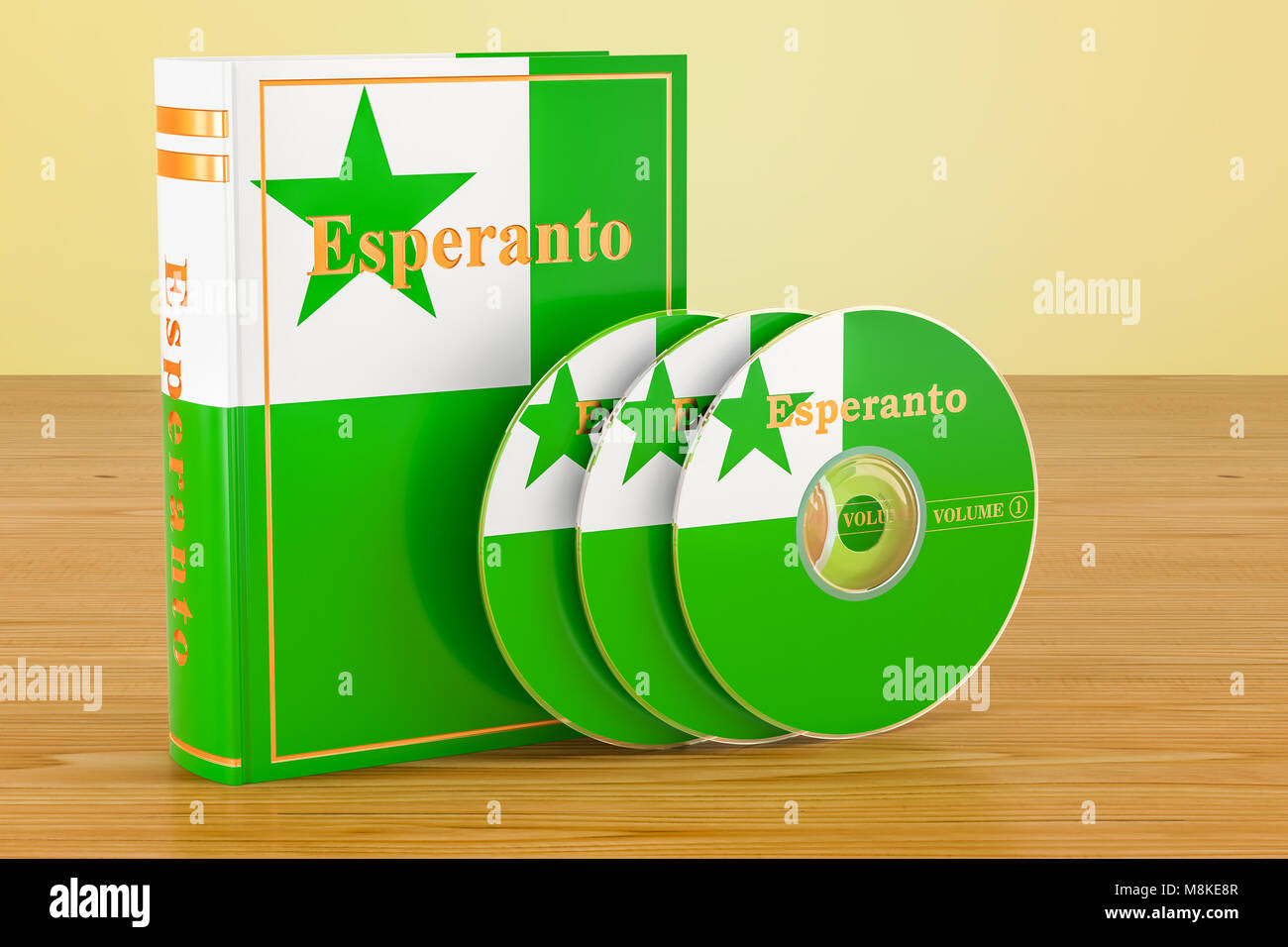 Esperanto language textbook and CD discs on the wooden table. 3D ...