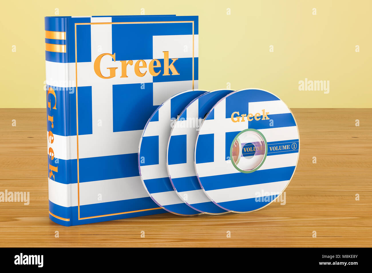 Greek language textbook with flag of Greece and CD discs on the wooden ...