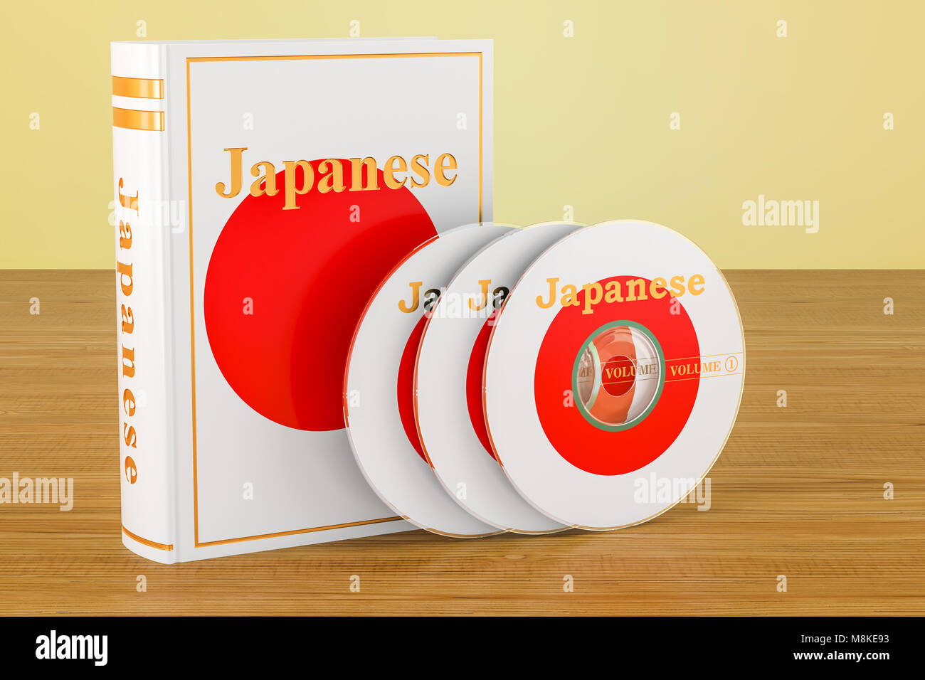 Japanese language textbook with flag of Japan and CD discs on the ...