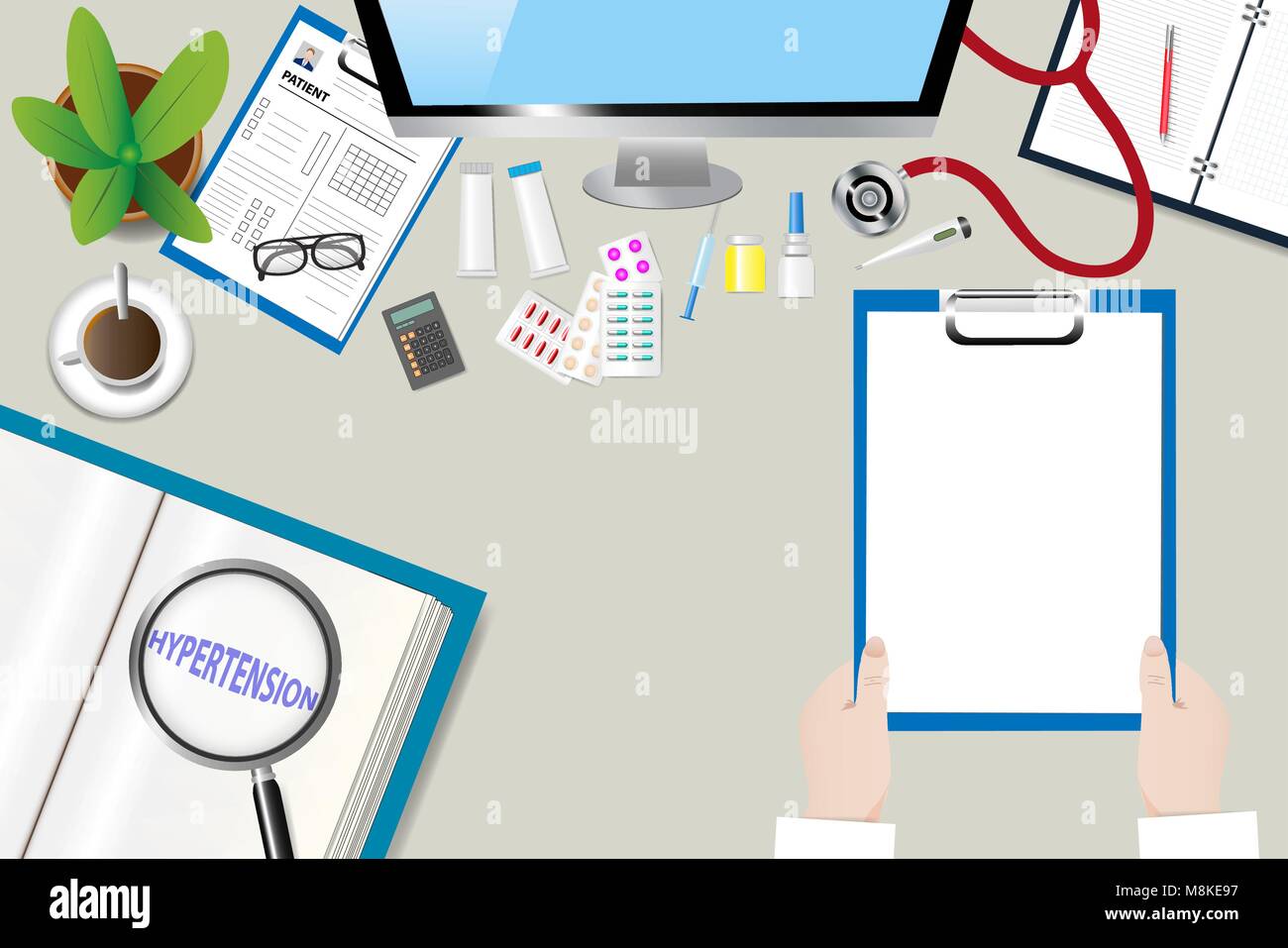Top view of a medical table with doctor accessories. Doctor is holding ...