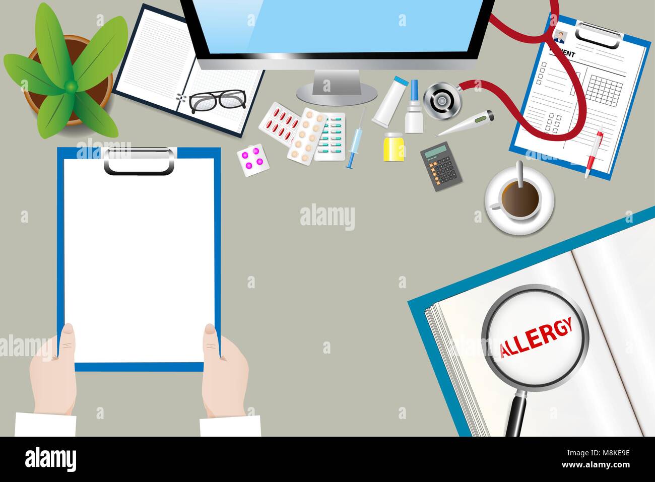 Top view of a medical table with doctor accessories. Doctor is holding ...