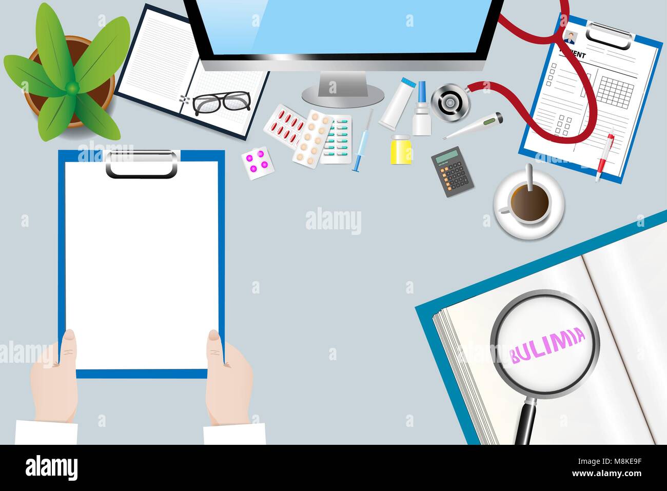 Top view of a medical table with doctor accessories. Doctor is holding ...