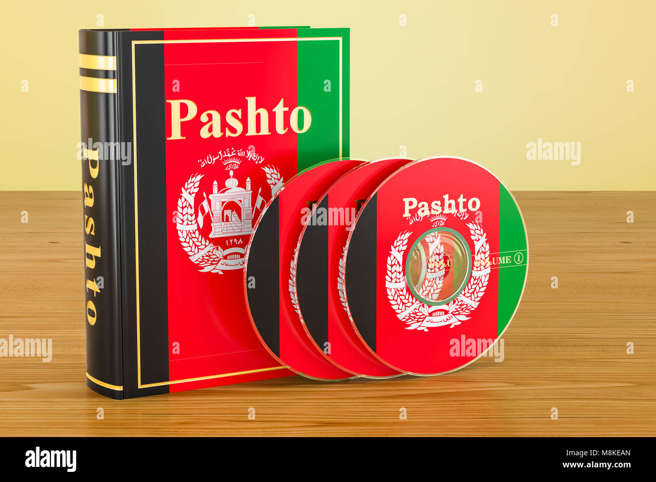 Pashto book with flag of Afghanistan and CD discs on the wooden table ...