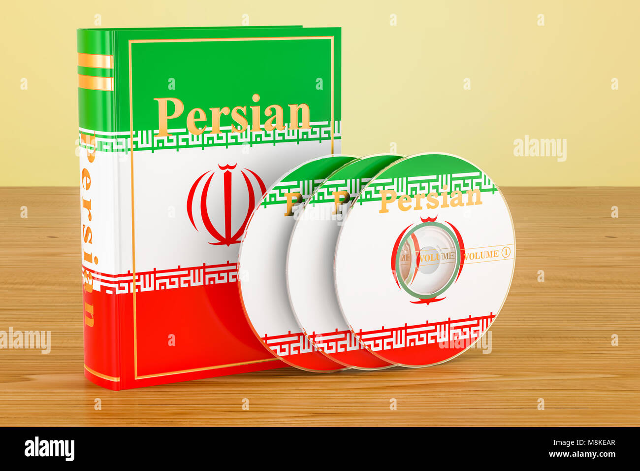Persian language textbook with flag of Iran and CD discs on the wooden ...