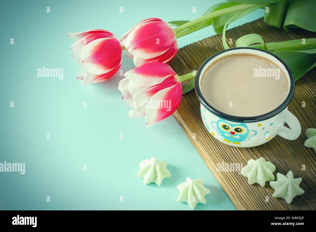 Red tulip white white border on blue background cacao cup marshmallow ...