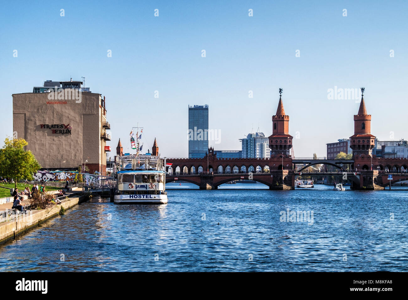 Berlin,Friedrichshain. Oberbaumbrucke bridge. Historic old brick double ...