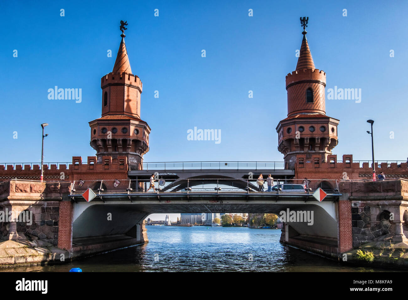 Berlin,Friedrichshain. Oberbaumbrucke bridge. Historic old brick double ...