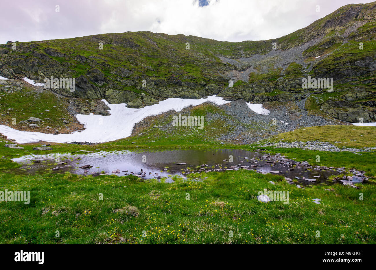 little swamp under the hill with patch of snow. lovely springtime ...