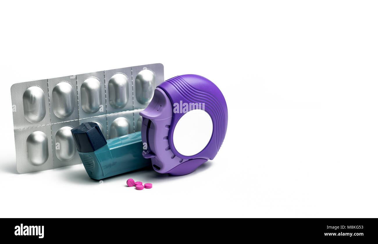 Set of asthma inhaler, accuhaler and anti-allergy pills for treatment ...