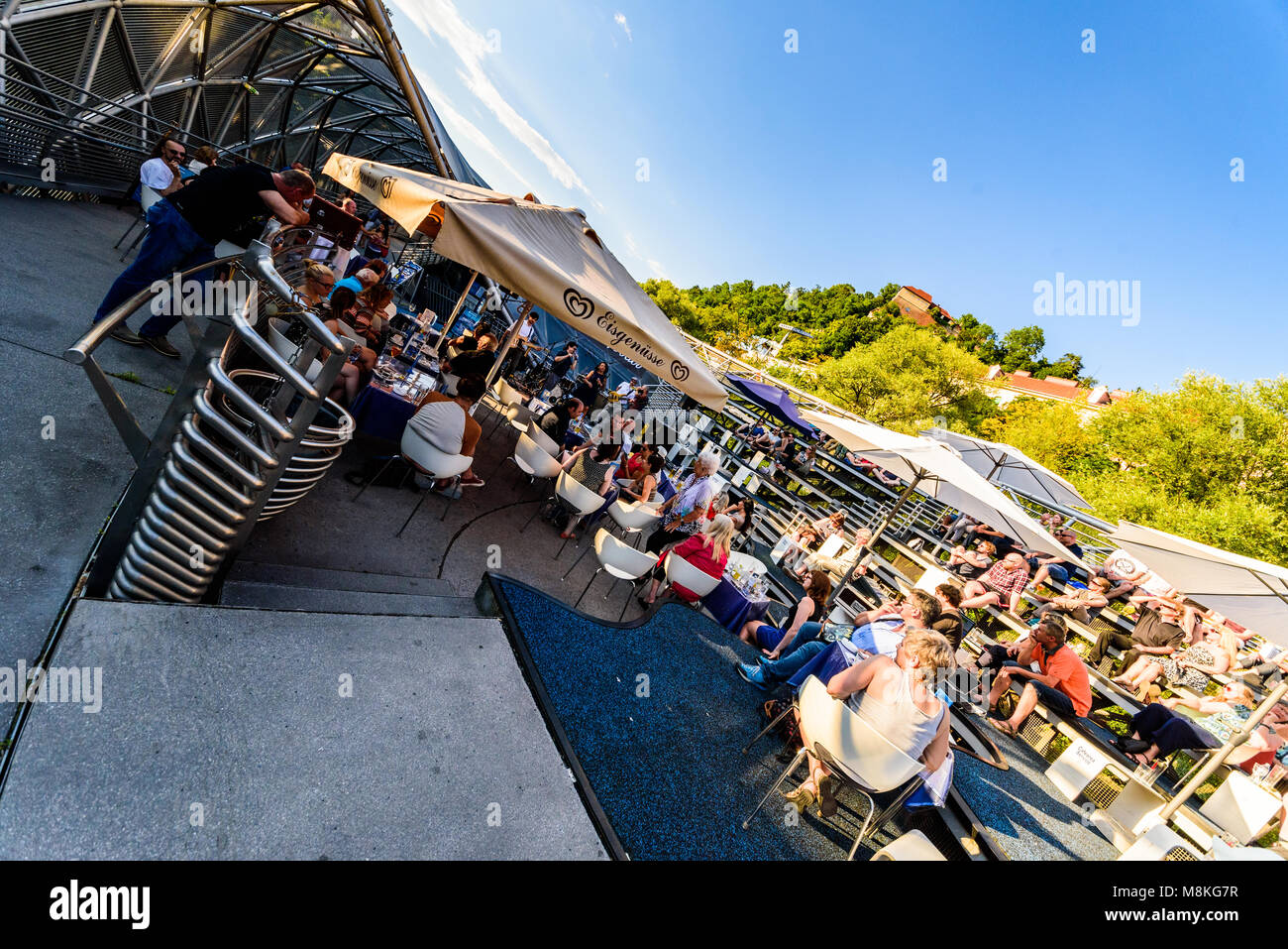Graz, Styria / Austria - 07 09 2016 : Mur island bridge in Graz full of ...