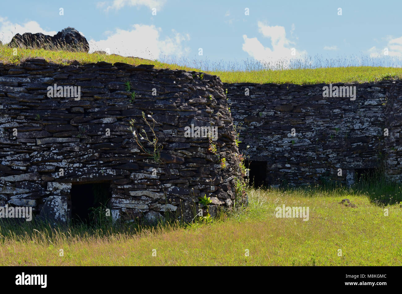 Orongo ceremonial village near the caldera of Rano Kao volcano, Rapa ...