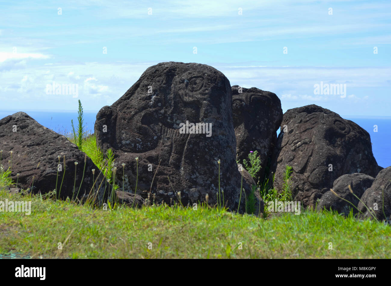 Orongo ceremonial village near the caldera of Rano Kao volcano, Rapa ...