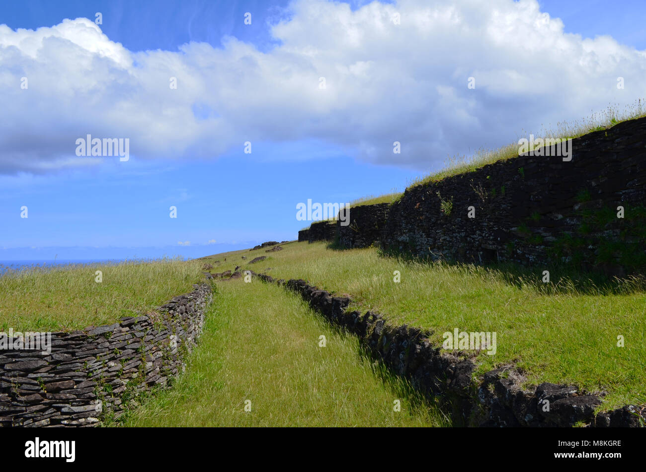 Orongo ceremonial village near the caldera of Rano Kao volcano, Rapa ...