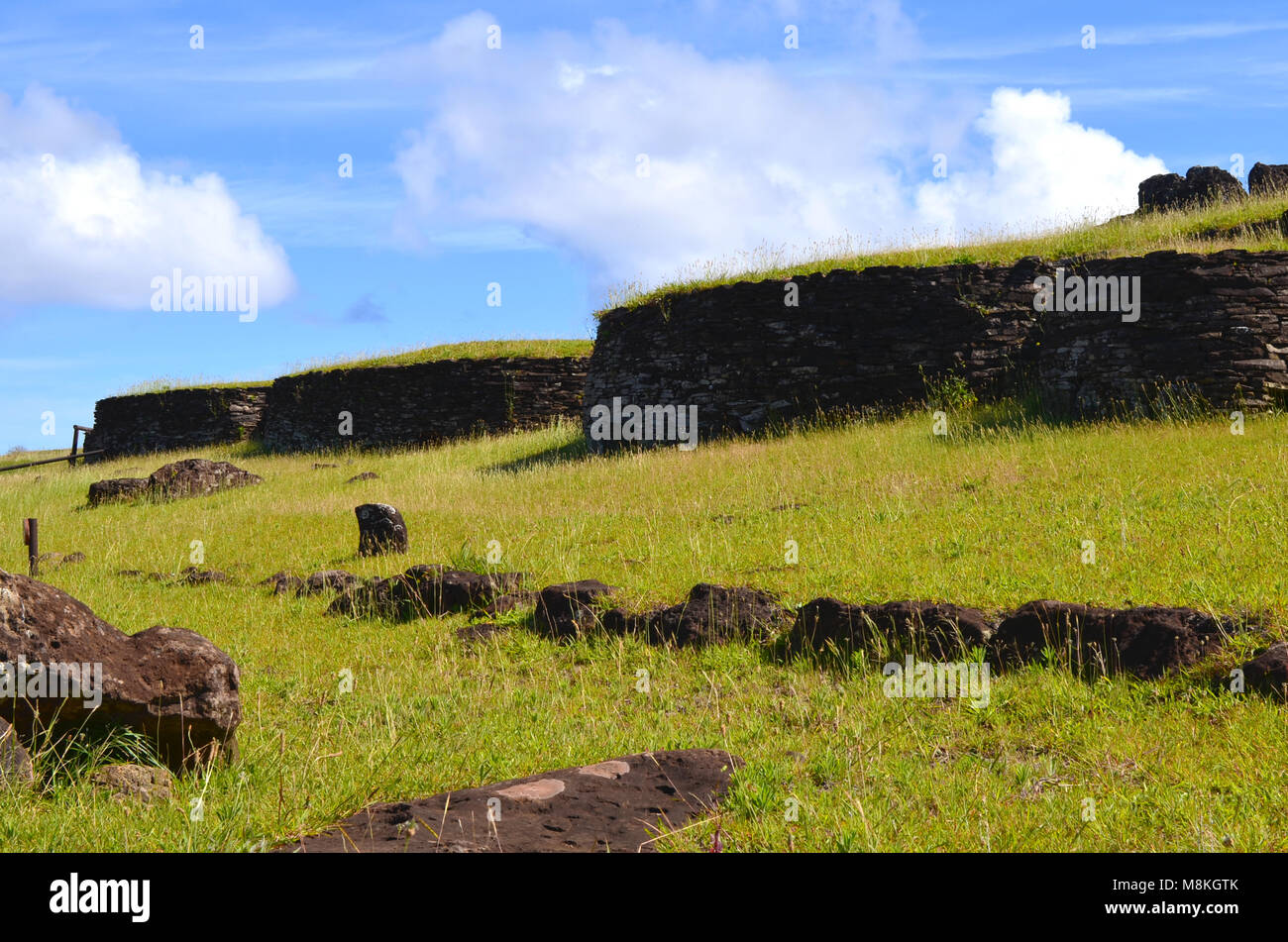 Orongo ceremonial village near the caldera of Rano Kao volcano, Rapa ...