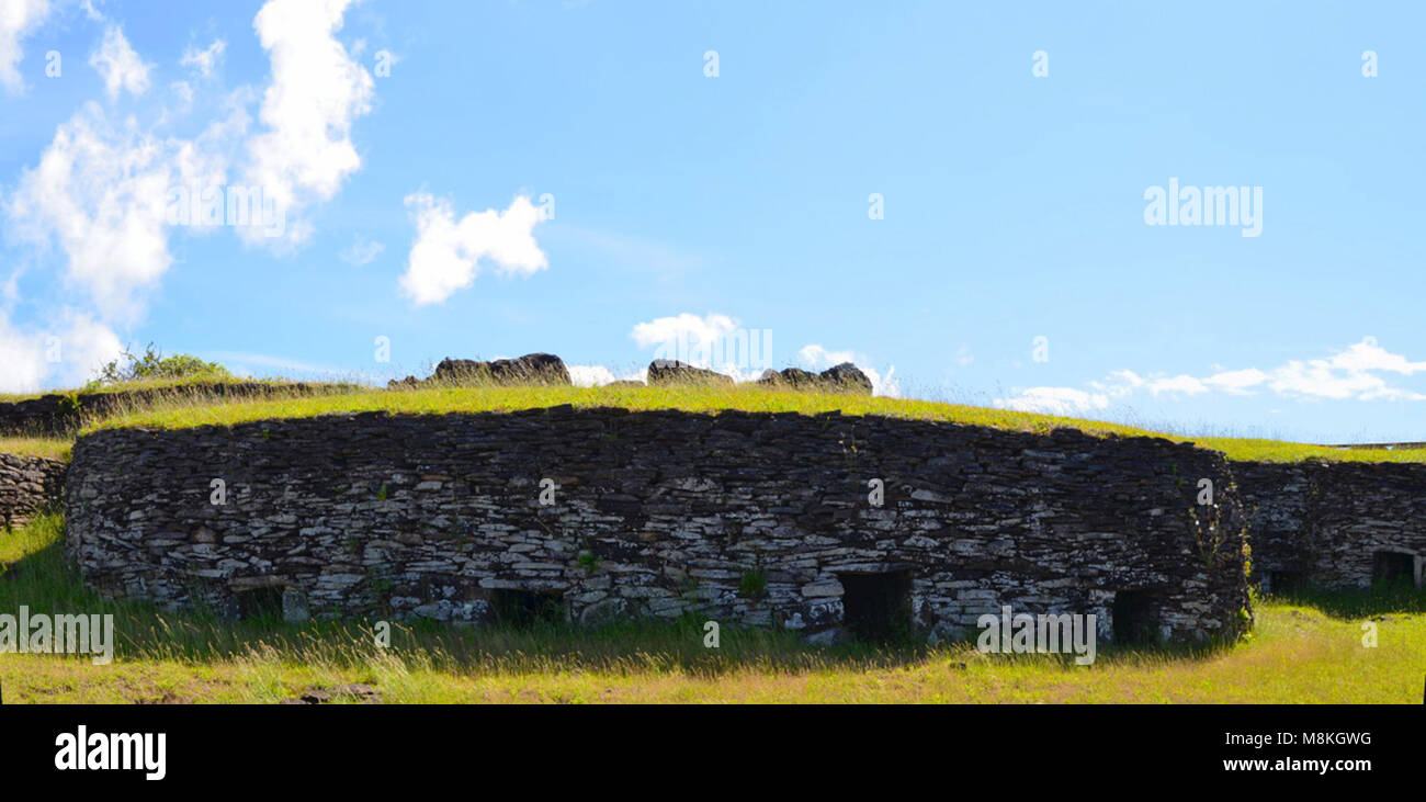 Orongo ceremonial village near the caldera of Rano Kao volcano, Rapa ...