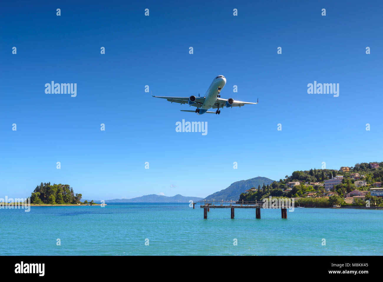 Aircraft approaching Corfu International Airport. Corfu island, Greece ...