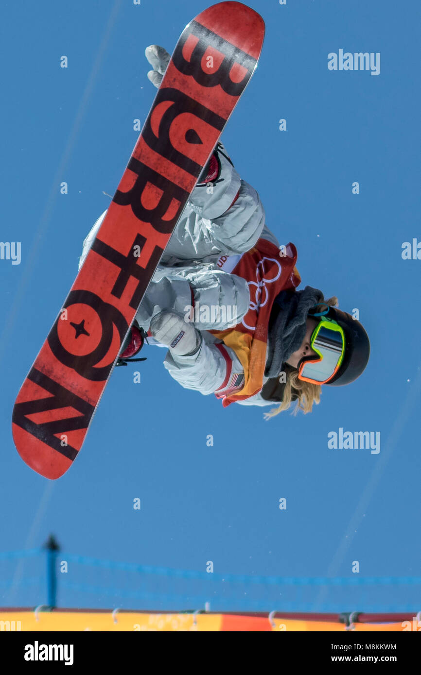 Chloe Kim (USA) gold medal winner competing in the Snowboard Ladies ...