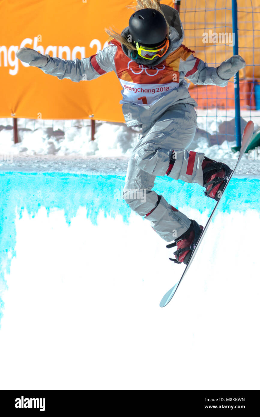 Chloe Kim (USA) gold medal winner competing in the Snowboard Ladies ...