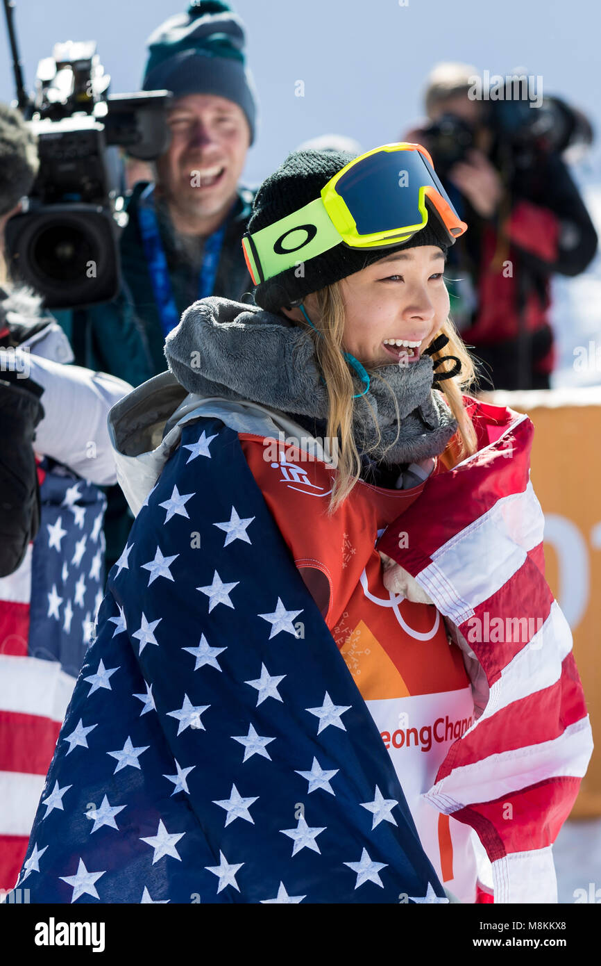 Chloe Kim (USA) wins the gold medal in the Ladies Snowboarding Half ...