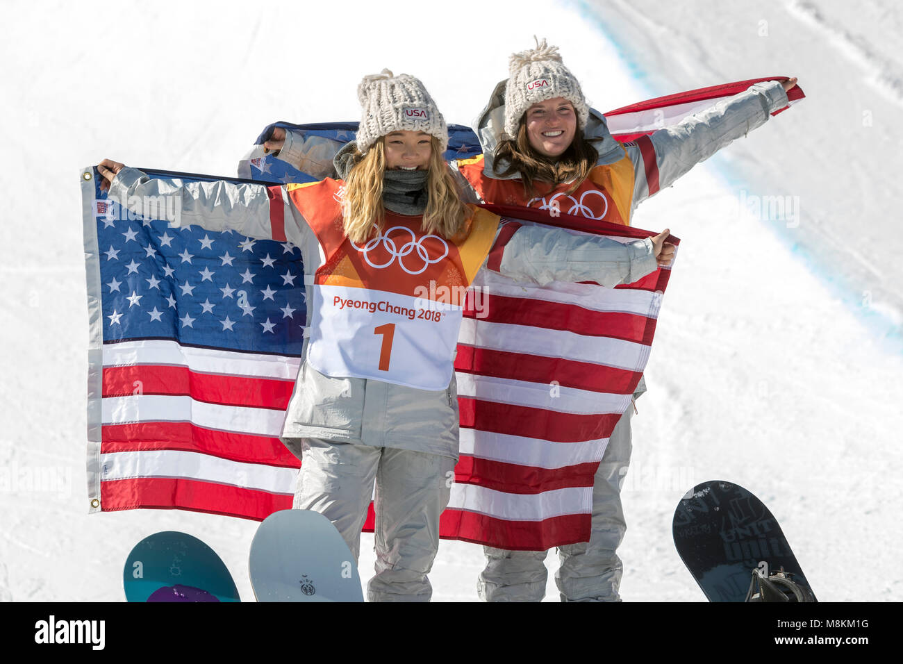 Chloe Kim (USA) gold medal winner and Arielle Gold (USA), bronze n the ...