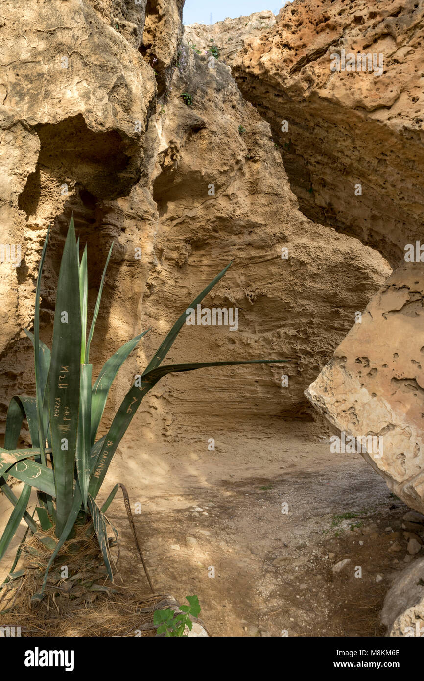 Gap in the limestone cliff near the Agia Solomoni & the Christian ...