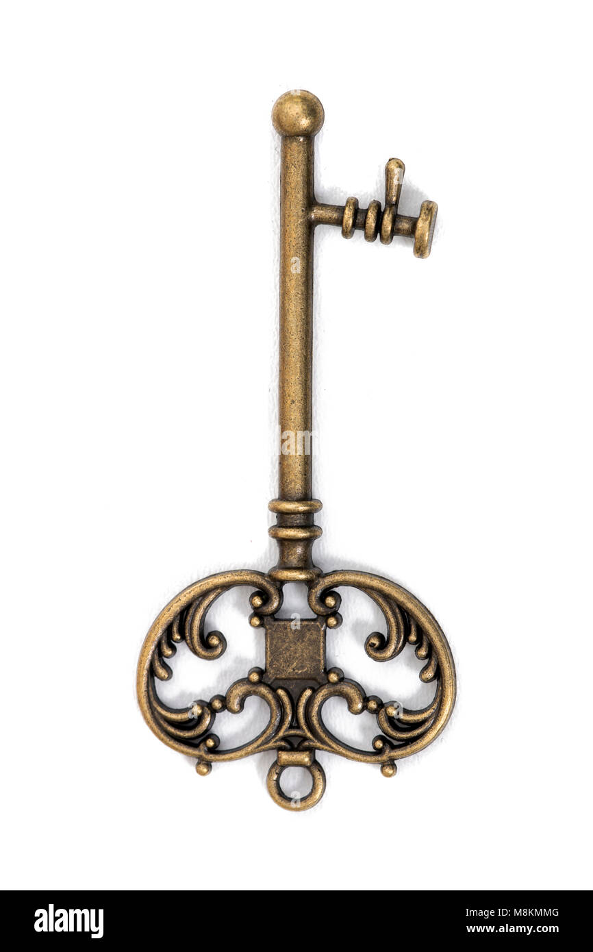 vintage fantasy detailed golden key isolated on a white background ...