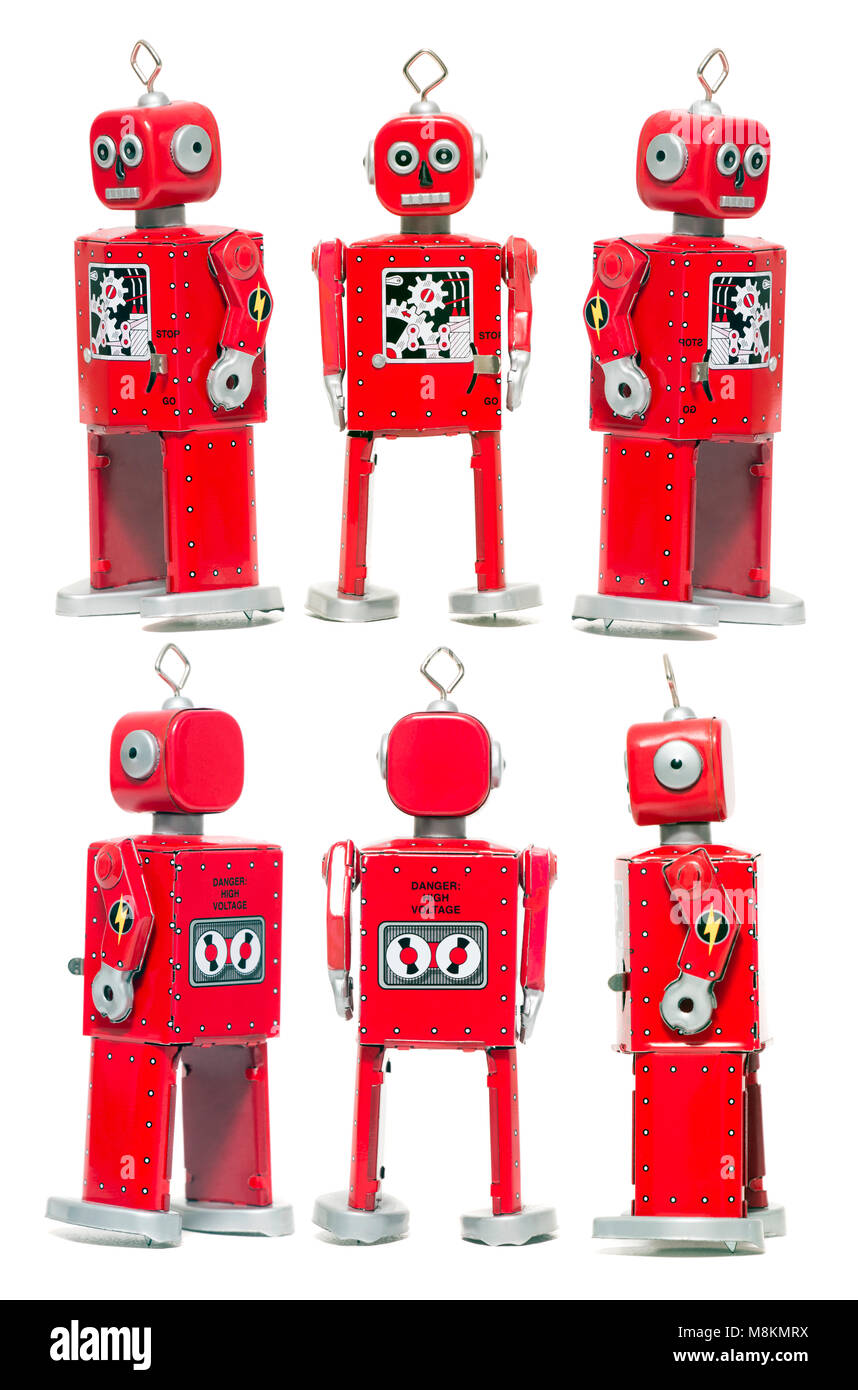 Vintage retro red tin toy robot isolated on a white background Stock ...